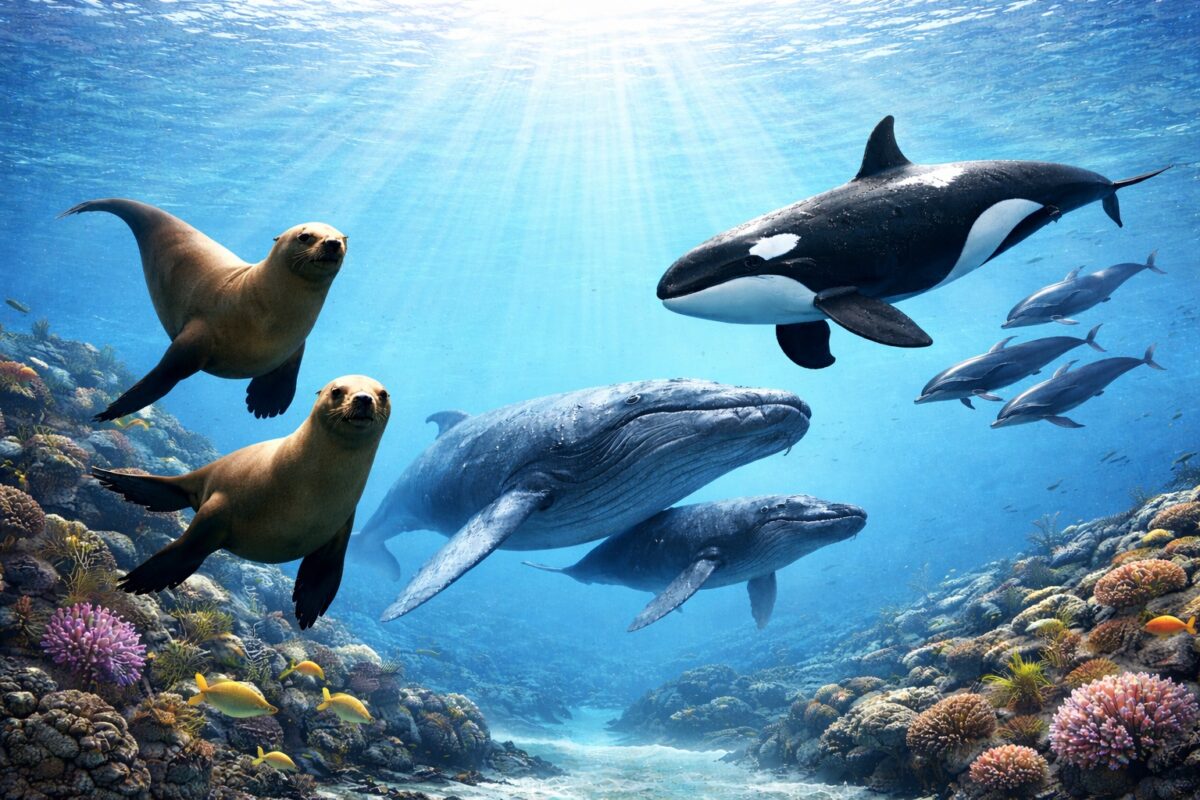 Graphic illustration of marine mammals in the Sea of Cortez